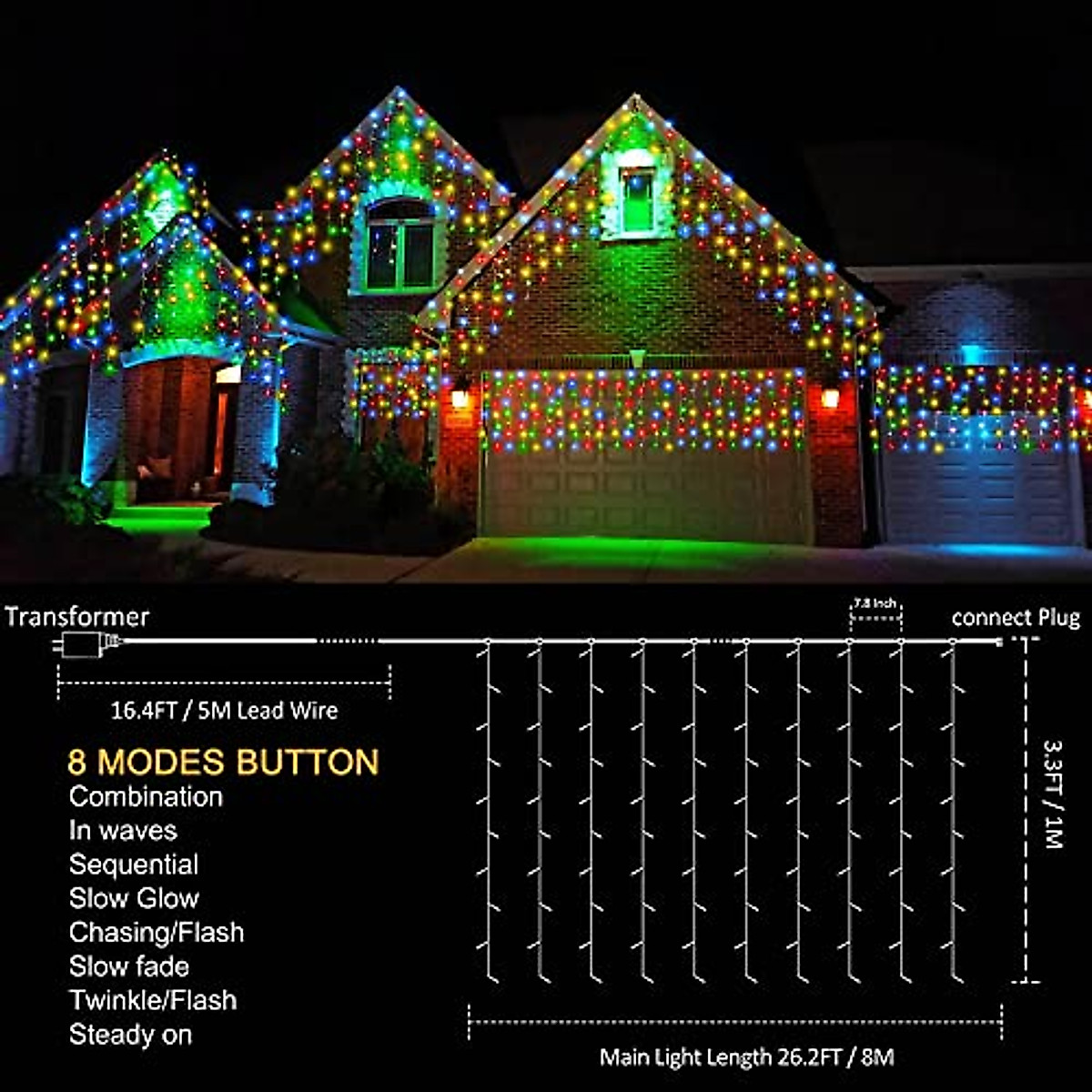 kemooie Outdoor Christmas Lights, 400 Led 26.2FT x3.3FT Hanging Curtain Lights, Connectable 8 Lighting Modes for Christmas Decorations Bedroom Wall Party Garden Decorations (Multicolor)