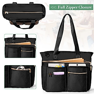 Fasrom Teacher Tote Bag for Work Women, Large Teacher Utility Bag with Padded Sleeve for up to 14 Inches Laptop and Teacher Supplies, Black (Patent Design)