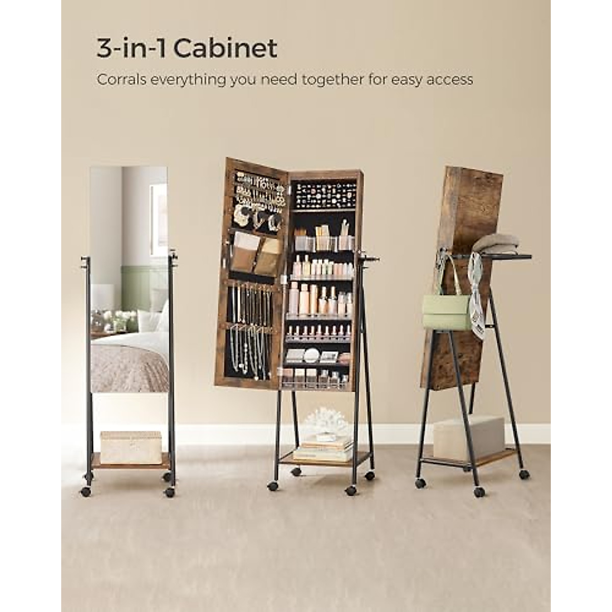 SONGMICS 6 LEDs Lockable Mirror Jewelry Cabinet,Organizer, Standing Jewelry Armoire with 4 Wheels, Mirror with Jewelry Storage, Coat Rack, Shelf, Rustic Brown and Black UJJC005X01