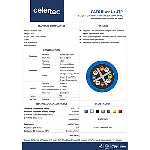 celertec CAT6 Ethernet Cable, 500ft, 23AWG Solid Bare Copper, Unshielded Twisted Pairs(UTP), 550MHz, ETL Listed &CMR Riser Rated, Indoor, Bulk Ethernet Cable -White