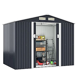HOGYME 9.1' x 6.3' Storage Shed, Sheds & Outdoor Storage with Double Sliding/Lockable Door, Metal Tool Shed for Garden Backyard Patio Lawn, Gray