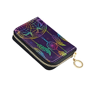 susiyo Colorful Dream Catcher Feathers Credit Card Wallet, RFID Blocking Compact Women Leather Card Holder Zipper Purse