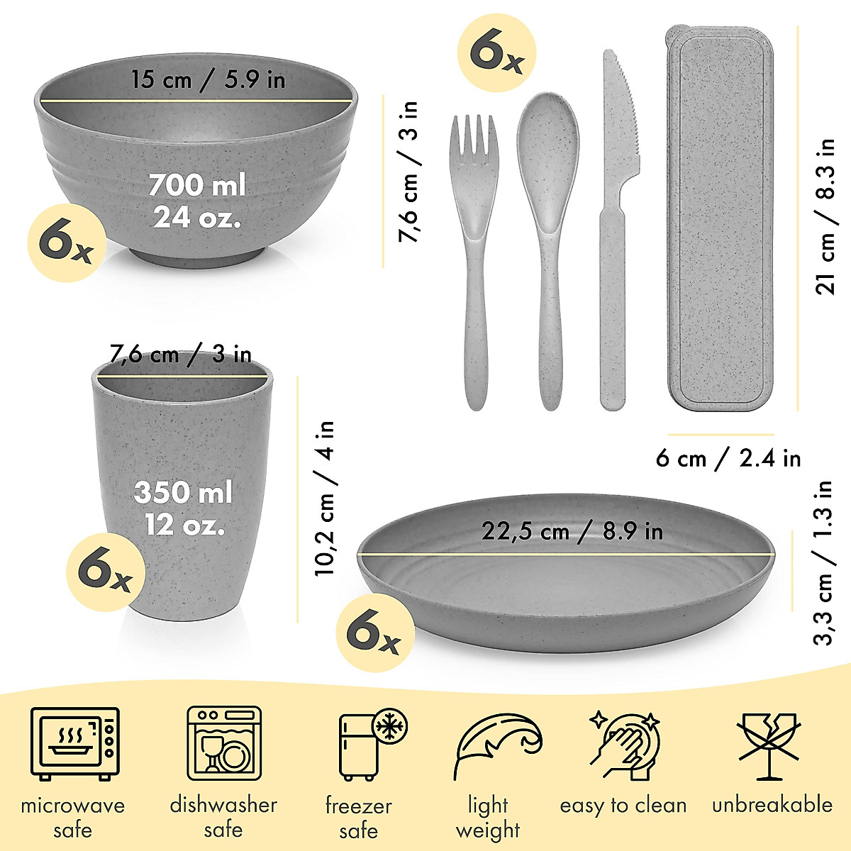 FOODLE Wheat Straw Dinnerware Sets for 6 - Lightweight & Unbreakable - Microwave & Dishwasher Safe - Perfect for Picnic, Dorm, RV Dishes - Camping Plates Cups and Bowls Set - Great for Kids & Adults