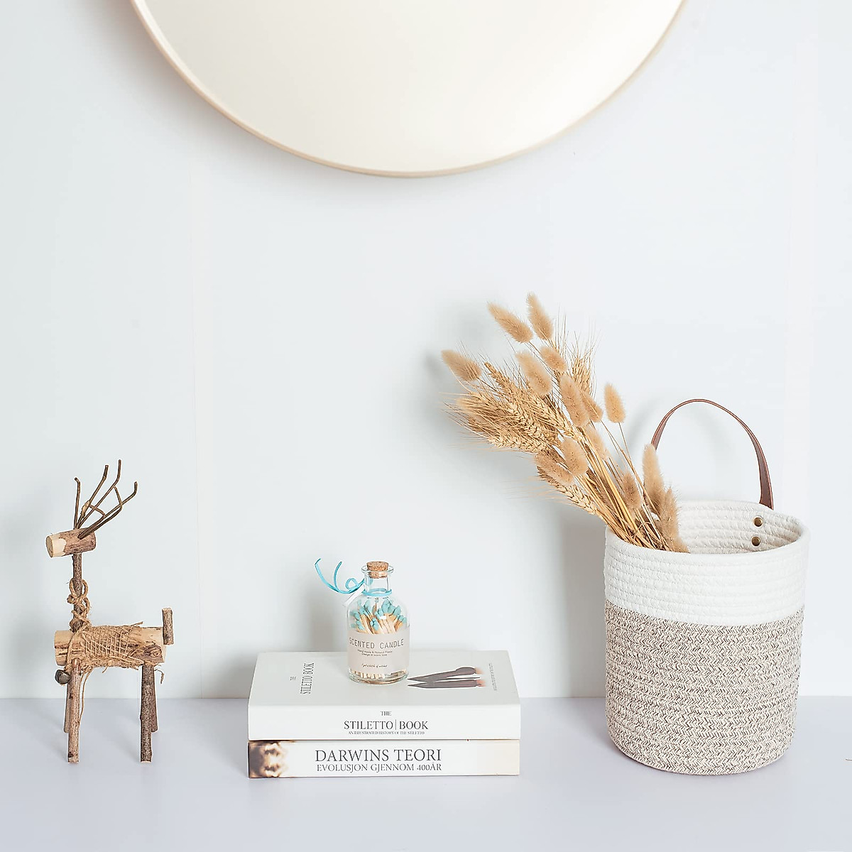 Hanging Storage Baskets Set of 2 For Wall/Door/Garage/Cabinets/Closet Organizer 6.7"x7.9" Small Woven Cotton Rope Basket with Leather Handle Home Décor for Plants