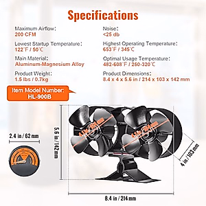 VEVOR Wood Stove Fan Heat Powered, 8 Blades Fireplace Fan Non-Electric, Quiet Thermoelectric Fan for Wood Burning Stove/Pellet/Log Burner, (with Accessories Magnetic Thermometer), Dual Motors