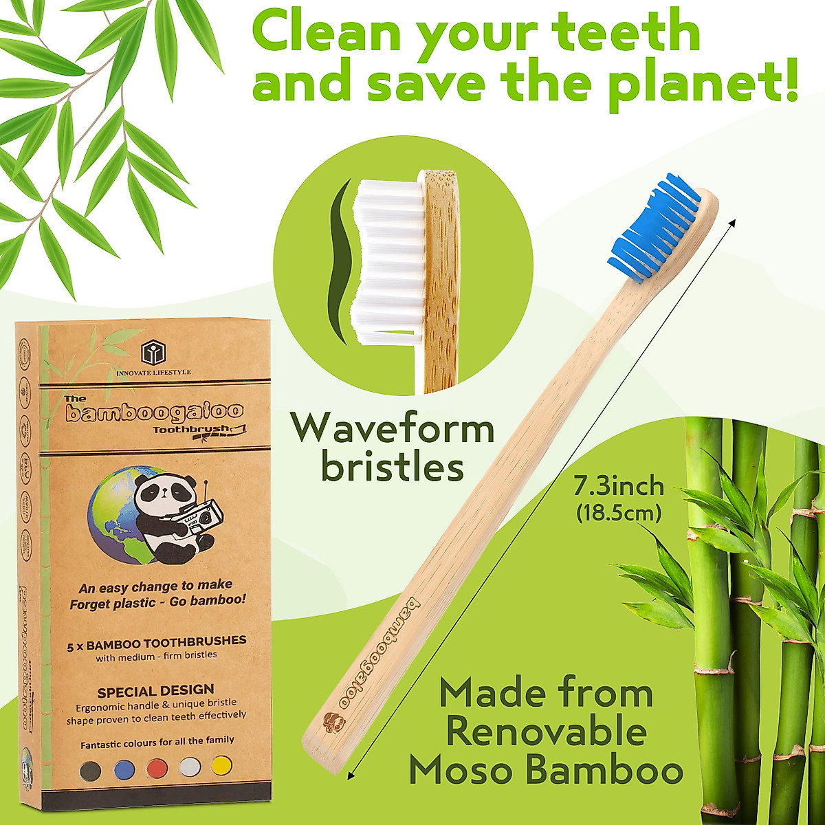 Bamboo Toothbrushes Pack of 5 - Cotton Buds & Dental Floss Included - Organic & 100% Biodegradable - Medium Firm Bristles, Plastic-Free Packaging