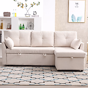 Vliekcy Sectional Sleeper Sofa Bed,Convertible Pull Out Couch with Storage Chaise Lounge, Upholstered L Shape Sofa with 2 Pillows, Comfortable Velet Fabric Couches for Living Room, Beige