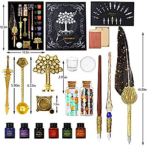 Quill Pen and Ink Set,Feather Dip pen with 6 bottles of ink,Antique Calligraphy Pen,Feather Writing Pen,Wooden Dip Pen,Glass Dip Pen,Wax Seal Stamp Kits Birthday&Christmas Gift for Men&Women(Gray)