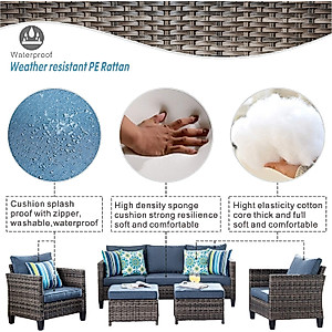 ovios Outdoor Furniture 5 Pieces Patio Furniture Set Sectional Conversation Set All Weather Wicker Rattan Sofa Couch for Yard Deck Porch, Grey Wicker, Denim Blue Cushion