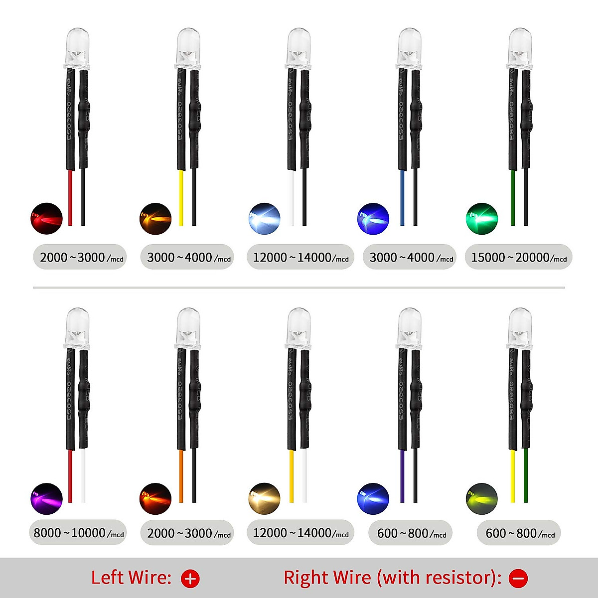 DiCUNO 100Pcs (10 Colors × 10Pcs) 5MM Pre Wired 12V LED Diodes, 9.4 Inch/24CM Ultra Bright Light Emitting Diodes Assorted Color Kit Box for Circuit Science Experiment, DIY Lighting Projects