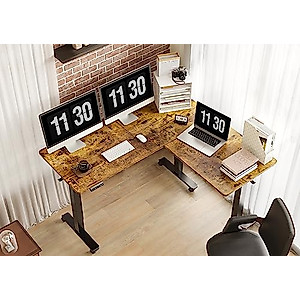 Claiks Triple Motor L Shaped Standing Desk, 63 x 55 inch Corner Stand Up Desk, Adjustable Height Desk with Splice Board, Black Frame/Rustic Brown Top