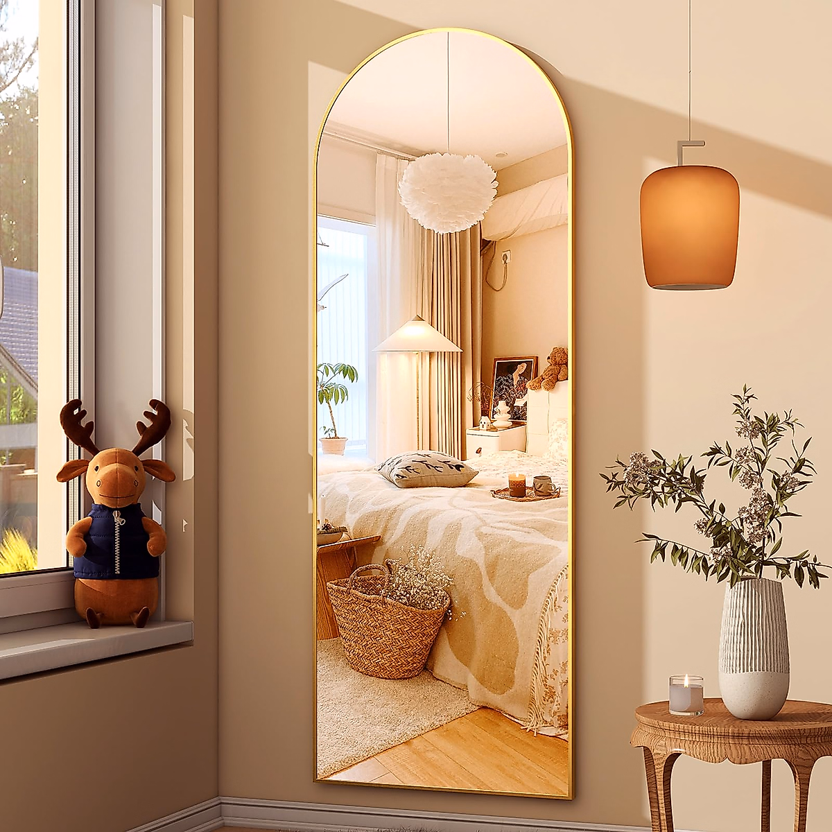 XRAMFY Arched Full Length Mirror 58"x18" Floor Mirrors with Aluminum Alloy Frame Free-Standing Wall Mounted Floor Mirrors or Large Dressing Mirror, Gold Arch Mirror