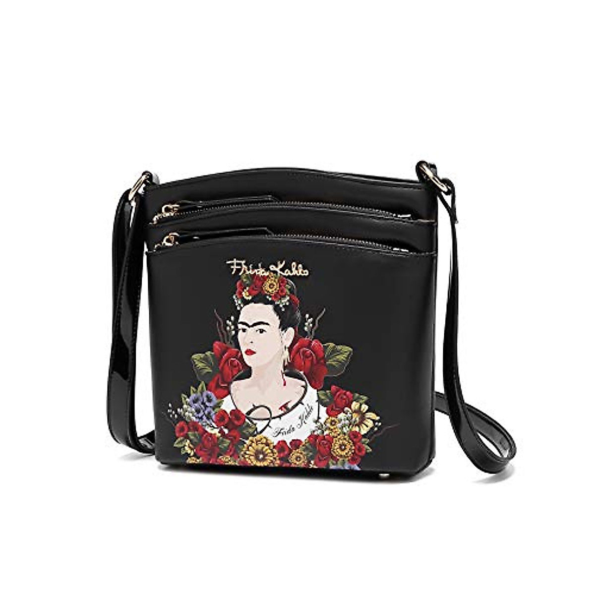 Frida Kahlo Flower Collection Cross Body Bag with Two Zip Pockets on Front (Black)