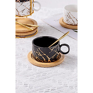 Jusalpha Golden Hand Print Teacup Coffee Cup with Bamboo Saucer Set FDTCS19 (4, Black)