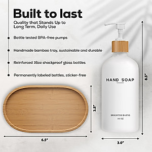 White Glass Soap and Lotion Dispenser Set with Tray by Brighter Barns - Hand Soap Dispenser Bathroom Set - Bamboo Bathroom Soap Dispenser Set - Minimalist Bathroom Accessories, Modern Home Decor