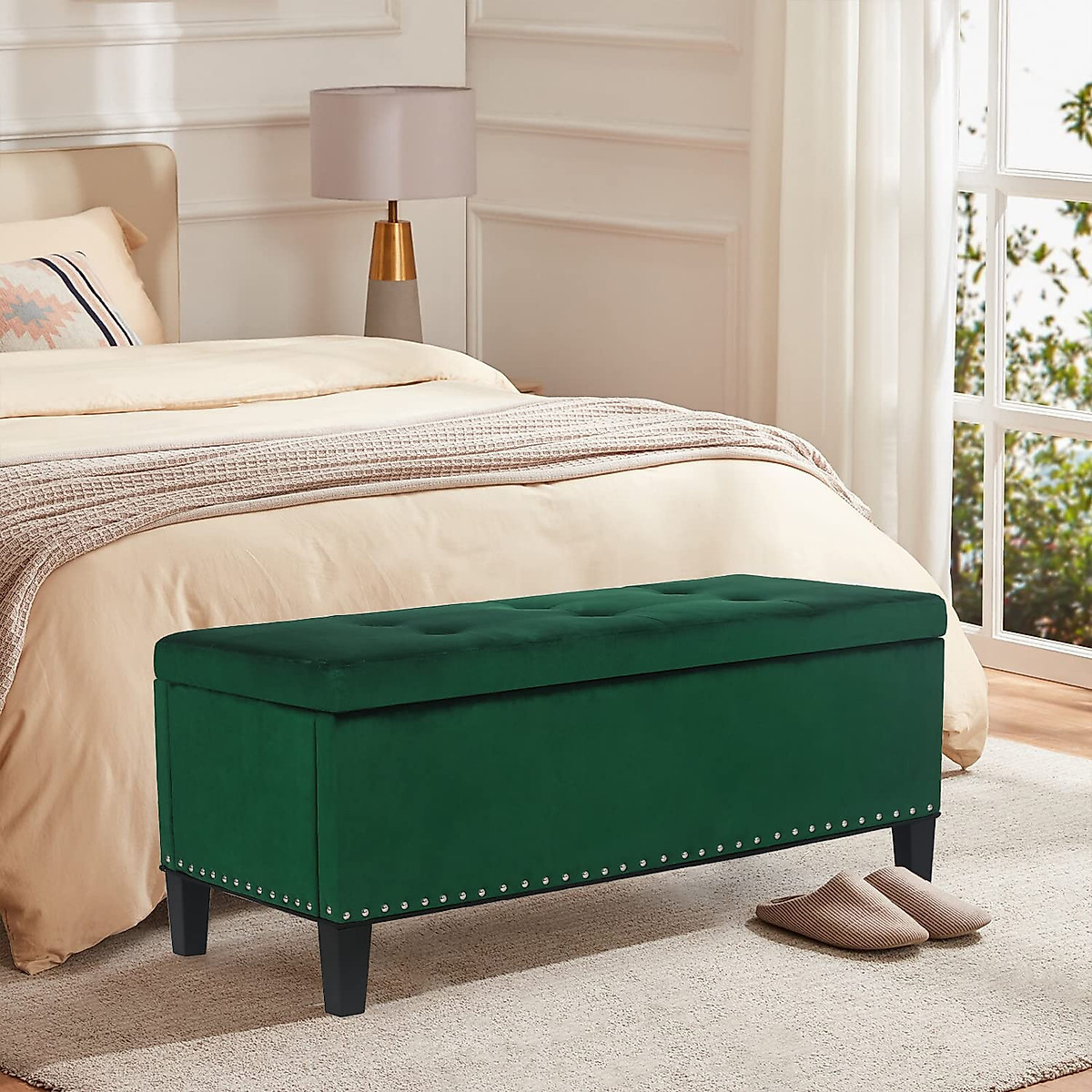 Adeco Rectangular Storage Ottoman, Velvet Tufted End of Bed Bench with Rivet, Footrest Stool Coffee Table for Living Room Bedroom Entryway, Need Assembly, Green