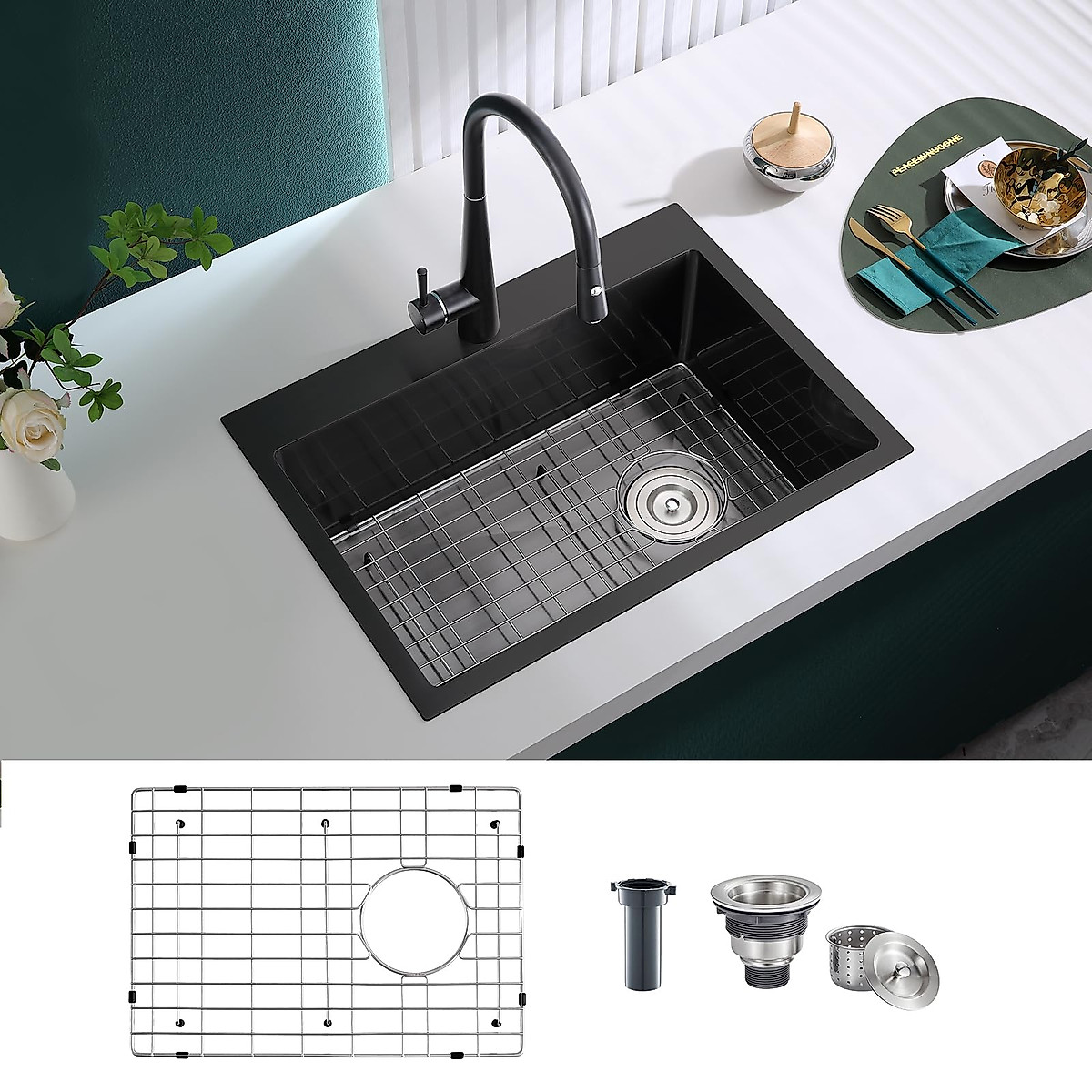 KINKIB 26 inch Drop-in Black Kitchen Sink Single Bowl, Topmount Kitchen Sink with Protective Bottom Grid, Overmount 304 Stainless Steel Kitchen Bar Sink Handmade with Basket Strainer, 26×18×9 inch