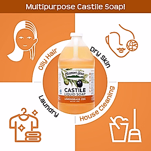 Vermont Castile Lemongrass Zen Soap, Gentle Liquid Soap for Sensitive Skin & Natural Body Wash, Organic Hair Shampoo for Oily Hair, Aloe Castile Soap for Men & Women - 64 Oz