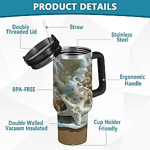 FRCSDIY Beach Shells Insulated Tumbler with Handle and Straw Lid,40oz Leakproof Stainless Steel Cup BPA-Free Water Bottle