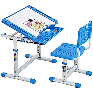 FDW Height Adjustable Multifunctional Children's Study Desk Table Chair Set with Drawer for Kids (Blue)