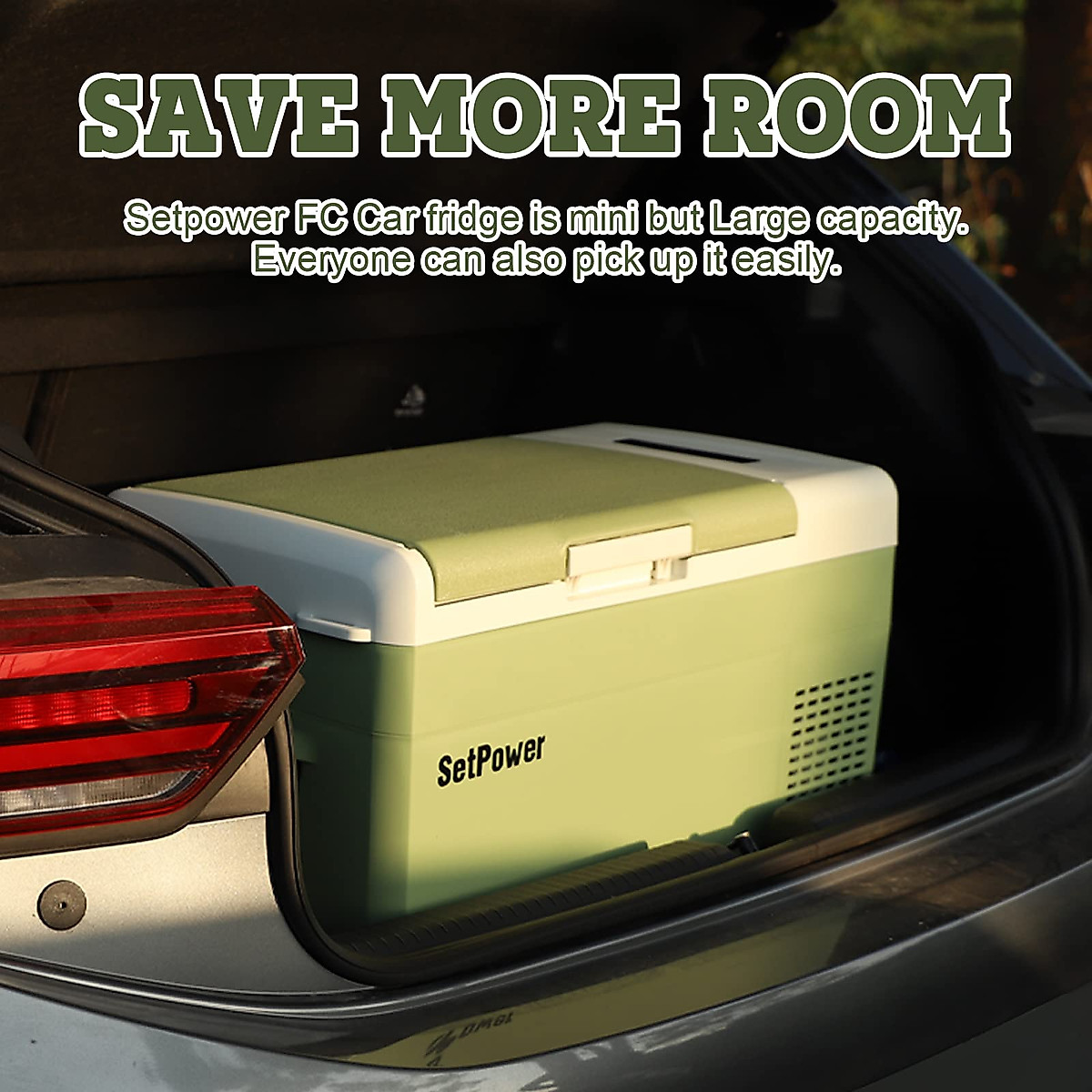 Setpower FC15 Portable 12v Refrigerator, -4℉-68℉ Fast Cooling Car Refrigerator, 15L/15.8Qt Car Fridge Portable Freezer with 12/24V DC & 110/240V AC, Electric Cooler (Green, 15L With AC Adapter)