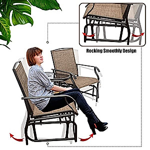 2 Person Patio Double Swing Glider Chair with Center Table and Umbrella Hole, Outdoor Sling Fabric Steel Frame Rocking Chair Set for Garden,Porch,Backyard, Poolside, Lawn,Balcony (Brown)