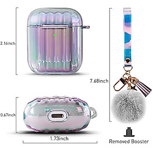 Aiiko Compatible Airpods Case Cover, Airpod Case 2nd /1st Generation Clear Lasher Hard PC Iridescent Colorful Air Pod Case with Pompom Keychain/Glitter Hand Lanyard/Tassel for Girls Women-Clear Purple