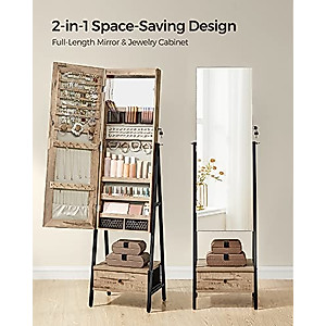 SONGMICS LED Mirror Jewelry Cabinet Standing, Lockable Jewelry Armoire with Full-Length Mirror, Space-Saving Jewelry Organizer with Mirror, Drawer and Shelf, Toasted Oak Color UJJC025N01