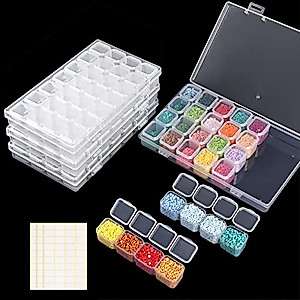 QUEFE 112 Slots Diamond Painting Storage Containers, 4pcs 28 Grids Clear Diamond Painting Accessories and Tools Boxes Bead Organizers Diamond Art Embroidery Storage with Label Stickers