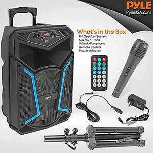 PYLE Portable Bluetooth PA Speaker System - 1200W Outdoor Bluetooth Speaker Portable PA System w/ Microphone In, Party Lights, MP3/USB SD Card Reader FM Radio, Rolling Wheels - Mic, Remote PPHP152SM