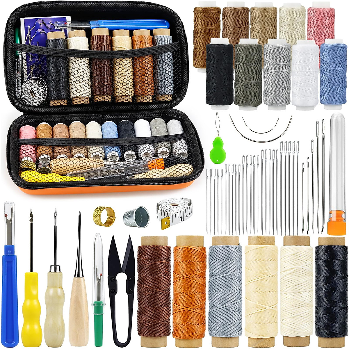 【Upgraded】Leather Upholstery Repair Kit: PLANTIONAL 60pcs Sewing Kit with Waxed and Upholstery Thread, Large-Eye Needle, 3 Sewing Awl, Heavy Duty Sewing Kit for Car Carpet Sofa Shoe Backpack Craft DIY