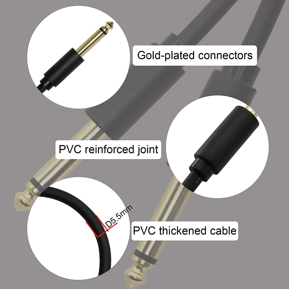 GINTOOYUN 6.35mm Mono Guitar Instrument Cable,Straight 1/4 TS Male to Straght 1/4 TS Male Unbalanced Patch Cords,for Electric Bass Guitar,Amplifier Speaker,Line-Level Audio etc (Black-3m/10ft)