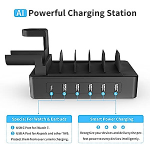 OTESS Charging Station for Multiple Devices，6 Ports USB C Charging Station with Phone and Watch Charging Stand, Charging Dock for iPhone iPad iWatch AirPods Samsung Apple Products