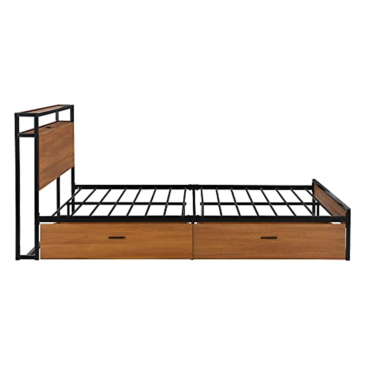 EMKK Queen Size Metal Platform Bed Frame with 2 Drawers,Sockets and USB Ports,Metal and Wood Platform Bed Frame, Wood Slat Support, No Box Spring,Easy Assembly, Black, Queen