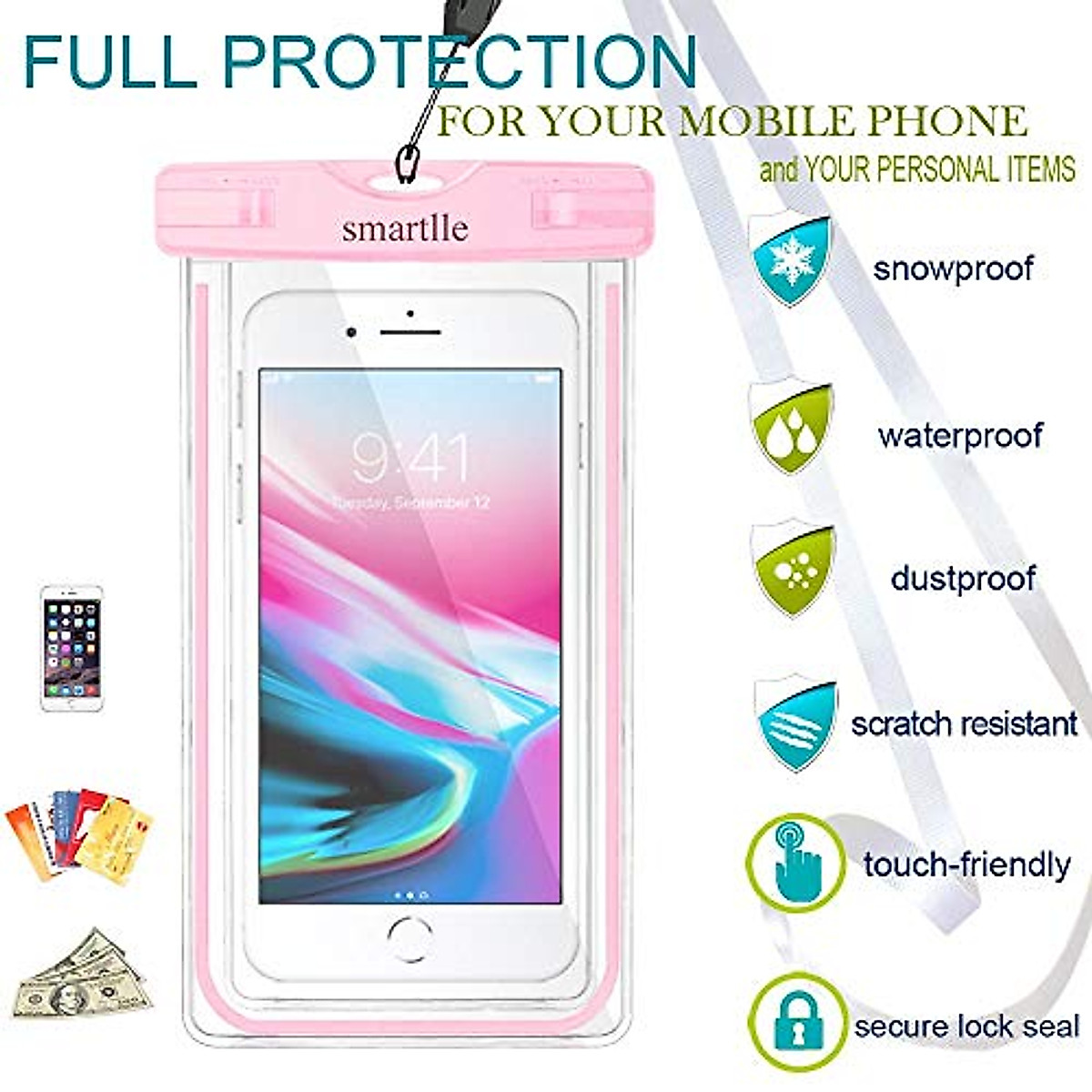 Waterproof Phone Pouch holder, smartlle Universal Waterproof Phone Case, Dry Bag Underwater Dirtproof iPhone 13 12 11 Pro Max XR,XS, 8,7,6 Plus, SE, Galaxy S22 21/Note, LG,7”, Beach Water Pool -3 Pack