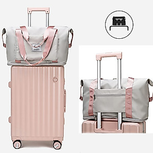 holygloomy Large Capacity Folding Travel Bag, Dry&Wet Separation Handle Shoulder Bag Women Storage Lightweight Waterproof Foldable Carry Luggage for Sports, Gym, Vacation, Grey Pink, 42x28x22cm