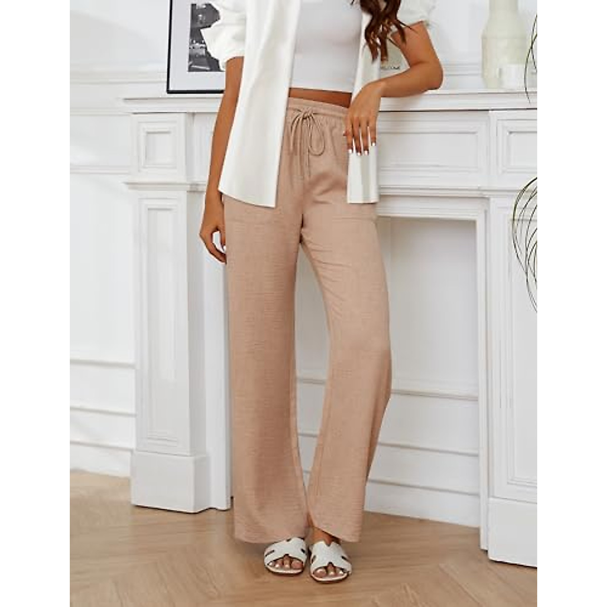 Narcissus Khaki Linen Pants for Women Fall Plus Size Khaki Pants for Women Drawstring Loose Linen Pants Plus Size Linen Beach Pants for Women (Khaki XL)