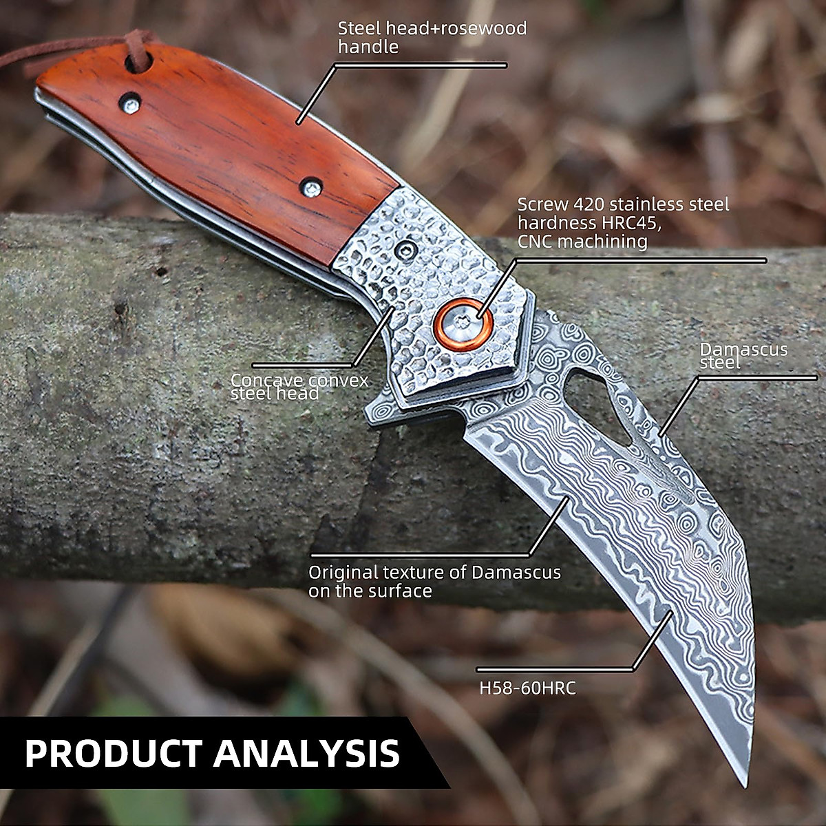 Tusonac Hunting Folding Knife with Leather Sheath, Protable Pocket Knife for Men, Handmade Forged VG10 Damascus Steel Knife with Engraved Steel Bolster, For Camping, Hiking and Daily