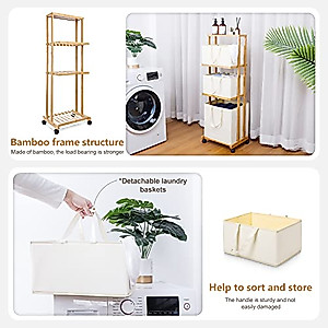Homde Laundry Basket 3 Tier Bamboo Storage Shelf with Wheels Removable Storage Basket with Handle Freestanding Clothes Hamper Organizer for Bathroom Living Room Bedroom