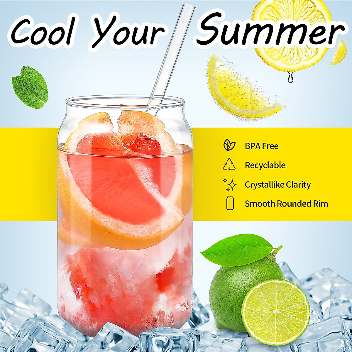 Yephets Drinking Glasses (16oz) with Bamboo Lids and Plastic Straw, Pack of 6 Heat Resistant Wide Mouth Juice Drinking Glasses Cups for Cold Beverages & Warm Drinks