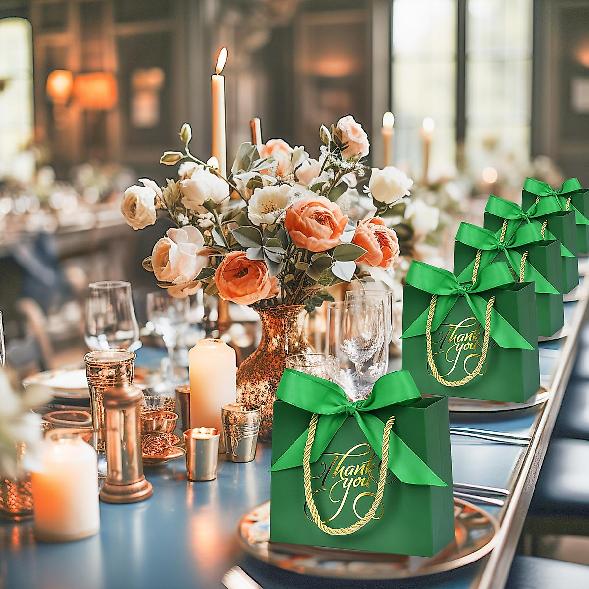 DECHISY 50Pack Small Thank You Bags with Handle Bulk,5.5x2.5x4.7Inch Thank You Gift Bags,Green Gift Bags with Handles,Party Favor Bags for Bridal Shower,Birthday Party,Baby Shower,Wedding