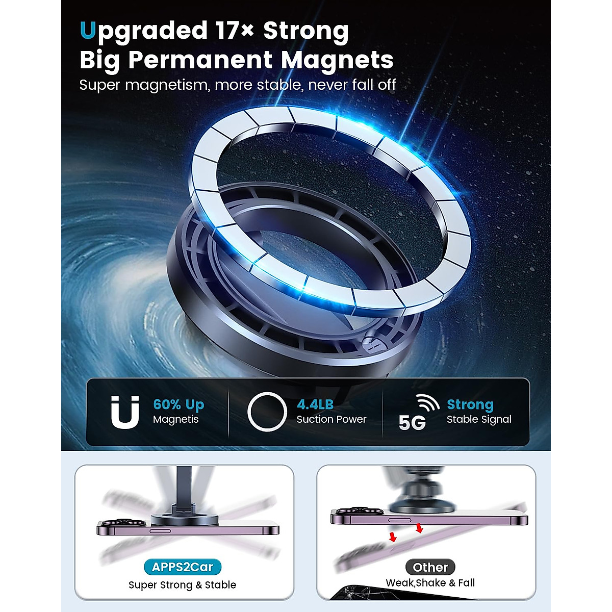 APPS2Car Fits MagSafe Car Mount, Foldable Metal Magnetic Car Phone Mount, Stick On Cell Phone Holder for Car Dash Dashboard MagSafe Accessories for iPhone 15 14 13 12 Pro Max Plus Mini MagSafe Case