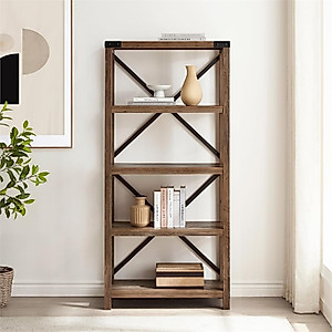 Walker Edison Andersen Urban Industrial Metal X Back 4 tier Bookshelf, 64 Inch, Rustic Oak