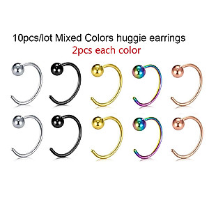 5pairs Mixed colors Ball Huggie Earrings hoop Cartilage Tragus Earrings 316L Stainless Steel Black Silver Gold Small Hoop Earrings (8)