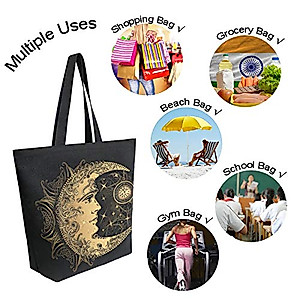 Boho Golden Moon Sun Extra Large Grocery Bag Reusable Canvas Tote Bag Casual Beach Shopping Tote Heavy Duty Washable Shoulder Bags Handbag
