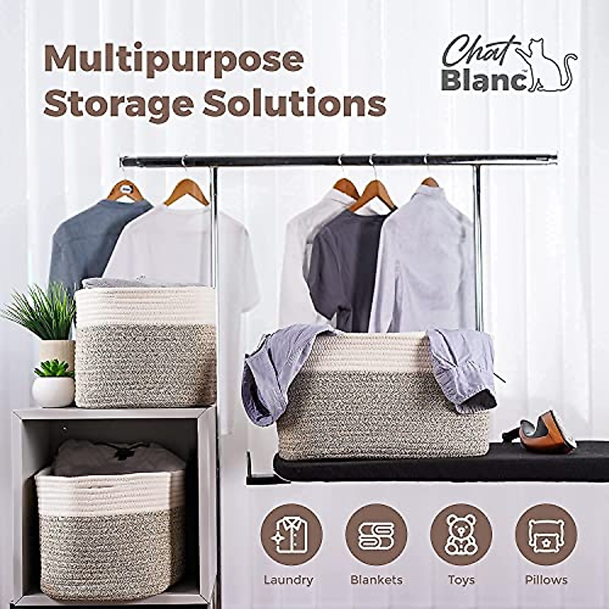 Cotton Rope Basket for Storage | 15"x10"x9" Set of 3 Large Storage Baskets for Organizing with Handles, works as Cloth Baskets, Blanket Basket, Big Woven Laundry Basket or Black Toy Bin like White Wicker Laundry Baskets