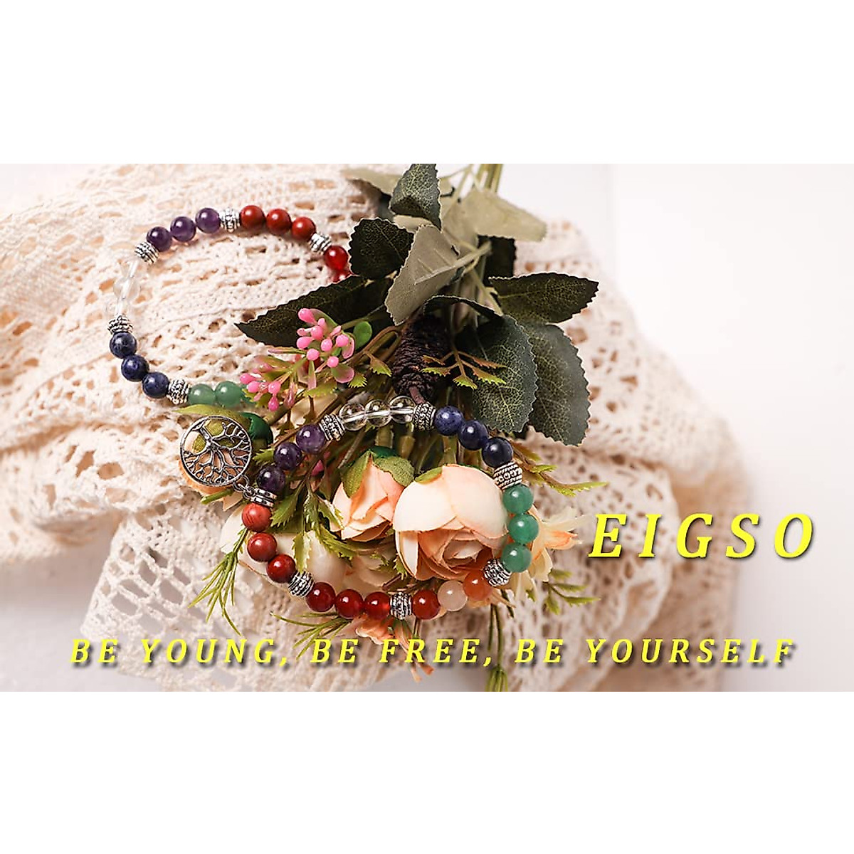 Eigso 2Pcs 7Chakra Bracelet with Tree of life Simbol Sign Pendant Healing Mala Wristband for Men Women