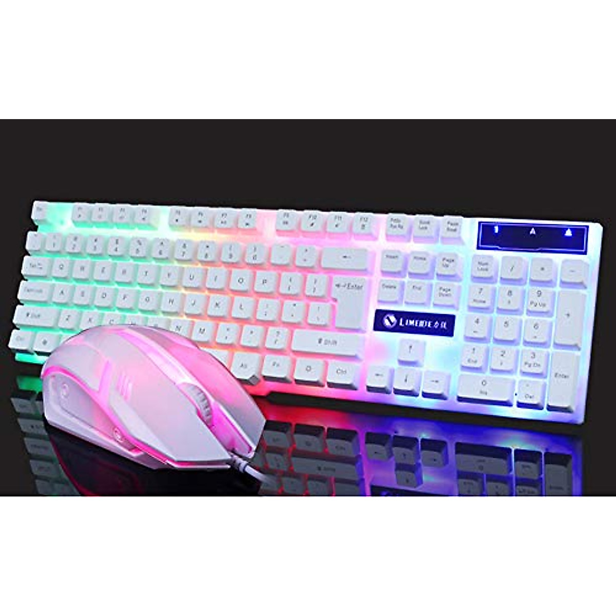 SUImeito Gaming Keyboard GT300 Colorful LED Illuminated Backlit USB Wired PC Rainbow Gaming Keyboard Mouse Set (White)