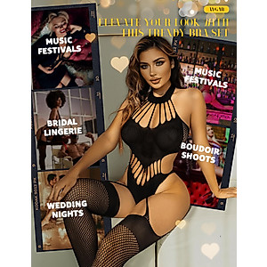 AVGAR Womens Fishnet Bodystocking Sexy Exotic Lingerie One Piece Lace Bodysuit Footless Stocking One Size, Black
