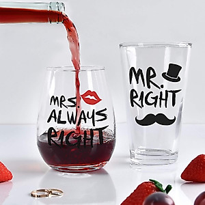 Mr. Right and Mrs. Always Right Wine Glass and Beer Glass Set, Glass Set for Engagement Wedding Anniversary, Couples Newlyweds Wife Husband Mr and Mrs